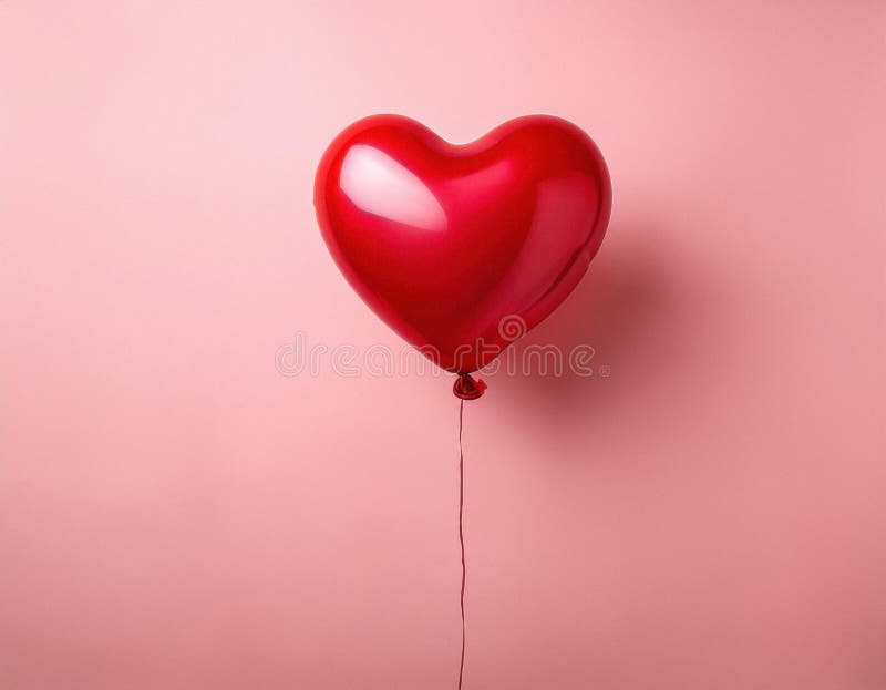 Single Red Heart Shaped Balloon Floating Against Soft Pastel Pink ...