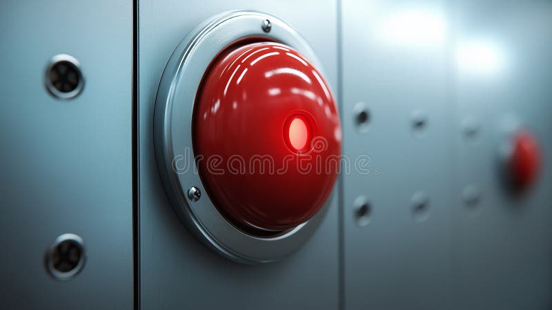 A Single Red Industrial Emergency Stop Button Mounted on a Metallic ...