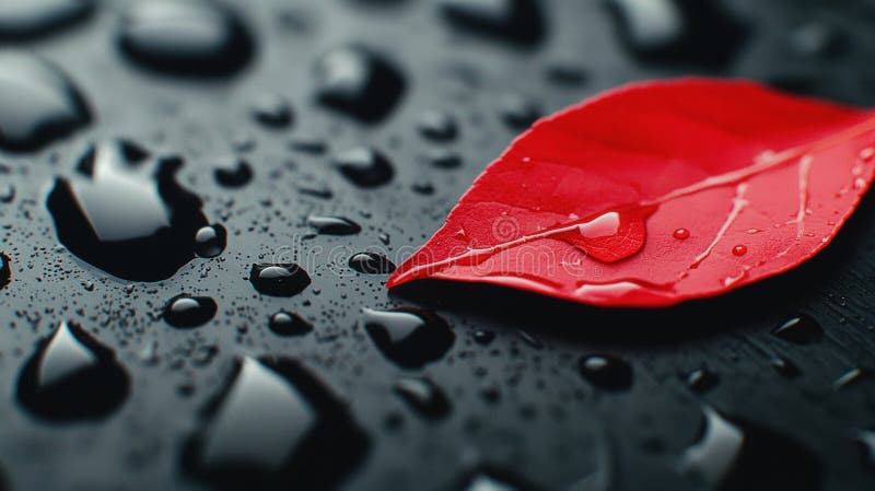 A Single Red Leaf with Water Droplets on a Black Surface. Stock Photo ...