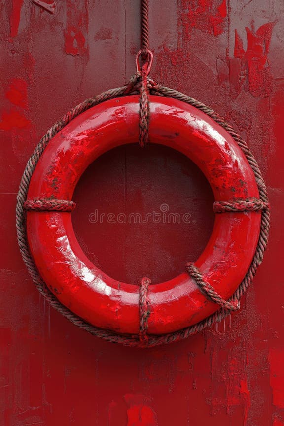 A Single Red Life Preserver Hangs from a Red Wall, Awaiting Use in an ...