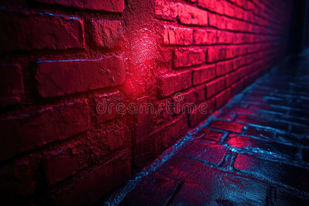 A Single Red Light Illuminates a Brick Wall Stock Photo - Image of ...