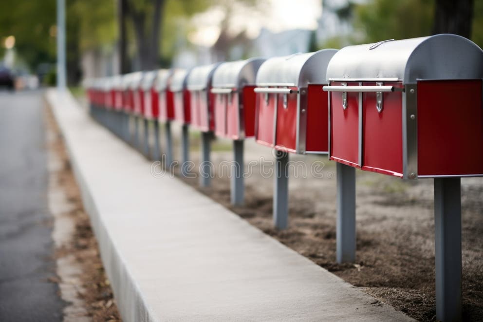 Single Red Mailbox among a Row of Silver Mailboxes Stock Image - Image ...