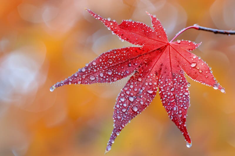 Single Red Maple Leaf with Raindrops on Branch, Autumn Colors in Soft ...