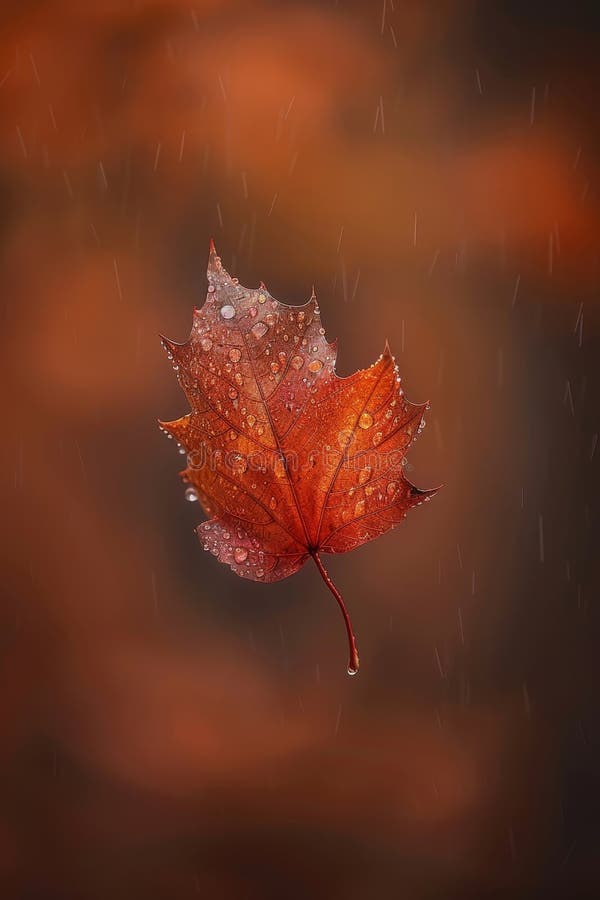 Single Red Maple Leaf with Raindrops Falling, Golden Autumn Forest ...