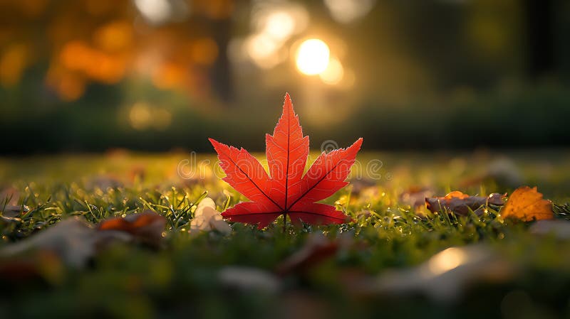 A Single Red Maple Leaf Stands Out on a Bed of Green Grass with Fallen ...