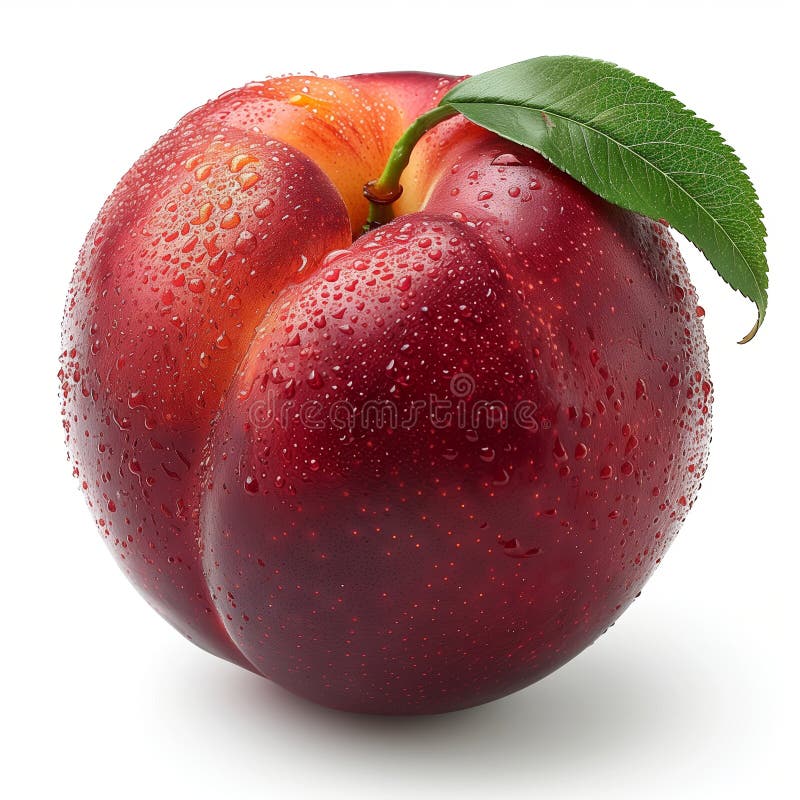Single Red Nectarine with Dew Drops and Green Leaf Stock Image - Image ...