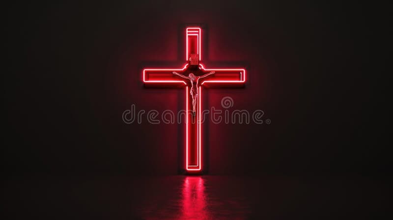 A Single Red Neon Cross Shines Brightly on a Dark, Matte Black ...