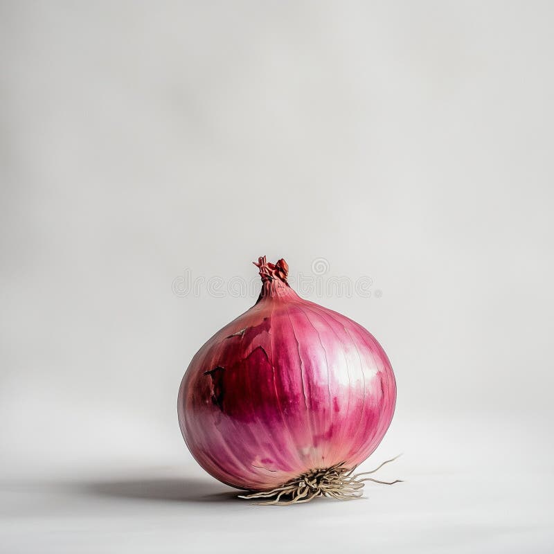 Single Red Onion Bulb with Roots on a Light Neutral Background Studio ...