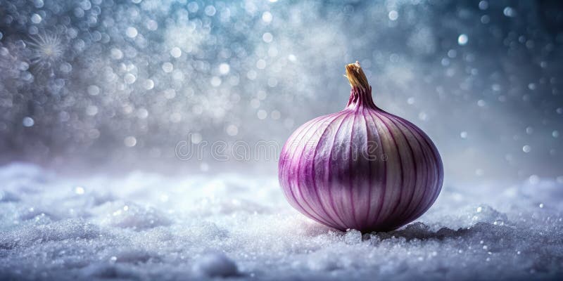 A Single Red Onion Rests on a Snowy Surface Against a Sparkling ...