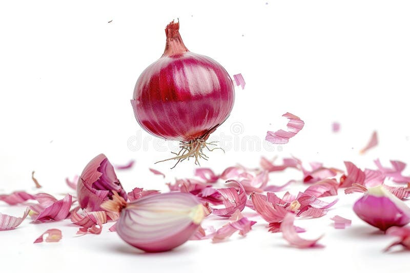 A Single Red Onion Surrounded by Pink Petals on a White Surface Stock ...