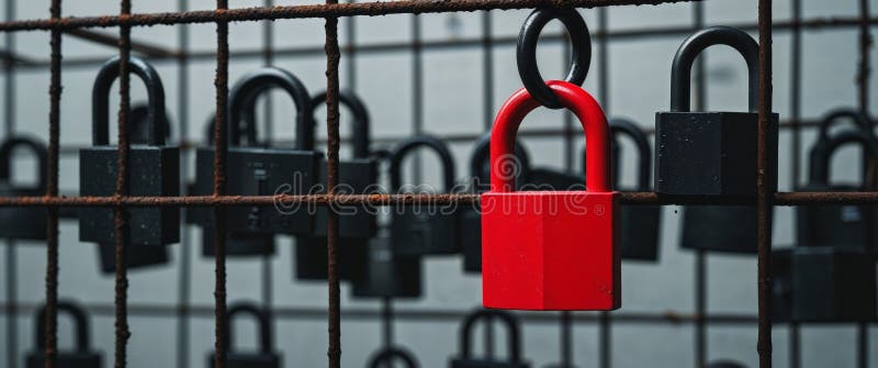 Single Red Padlock Security Amidst Many Black Padlocks. Stock Image ...
