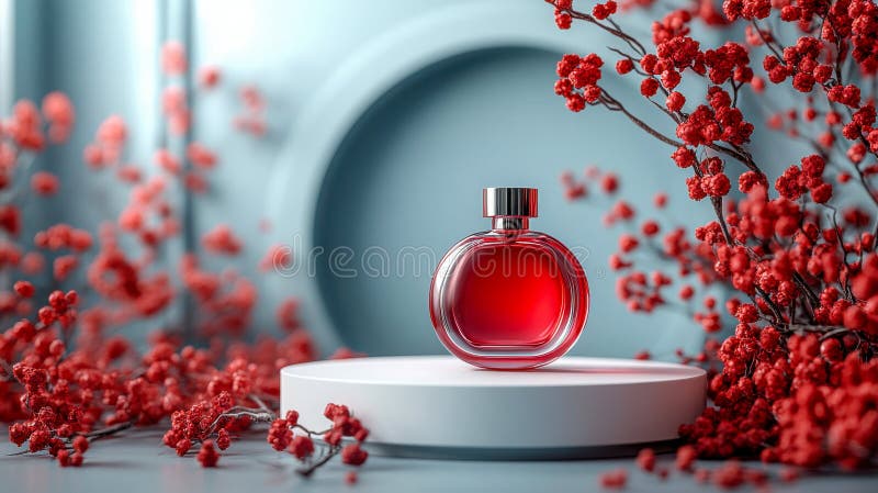 Single Red Perfume Bottle on a Minimalist White Platform Surrounded by ...