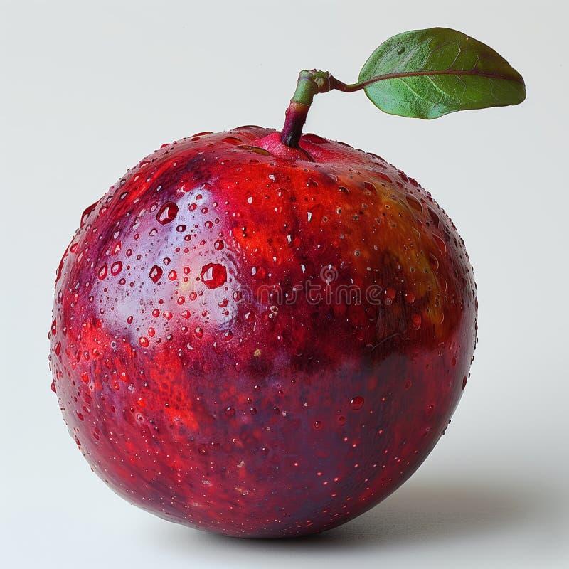 A Single Red Plum with Water Droplets and a Leaf Stock Photo - Image of ...