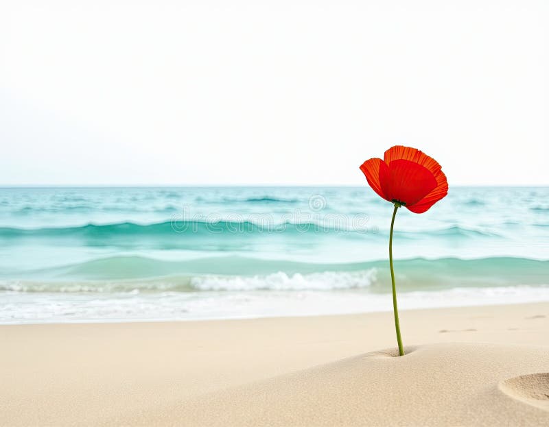 Single Red Poppy Flower on Sandy Beach with Ocean Background Stock ...