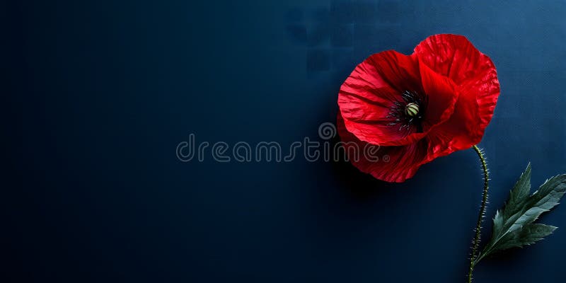 Single Red Poppy Flower with Stem and Leaf on a Dark Blue Background ...