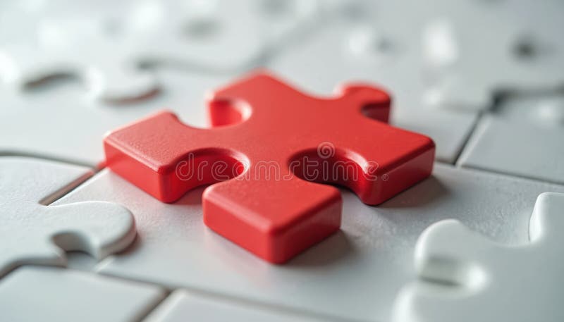 Single Red Puzzle Piece Stands Out on White Puzzle Background. Complete ...