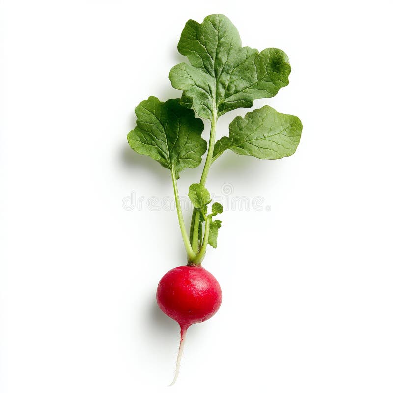 A Single Red Radish with Green Leaves, Isolated on a White Background ...