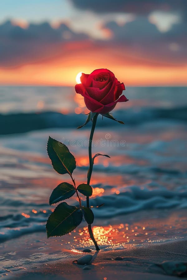 A Single Red Rose is on the Beach at Sunset Stock Photo - Image of ...