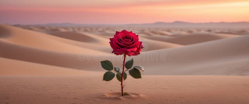 A Single Red Rose Blooming Alone in a Vast Desert Landscape Under a ...