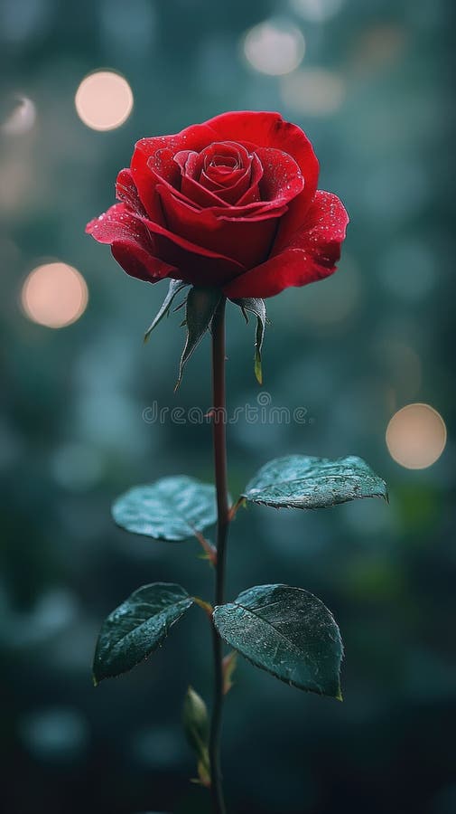 Single Red Rose Blooming in Garden with Golden Light Stock Illustration ...