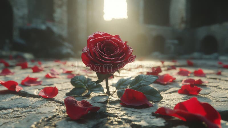 A Single Red Rose Blooms Amidst Scattered Petals in Ruins Stock ...