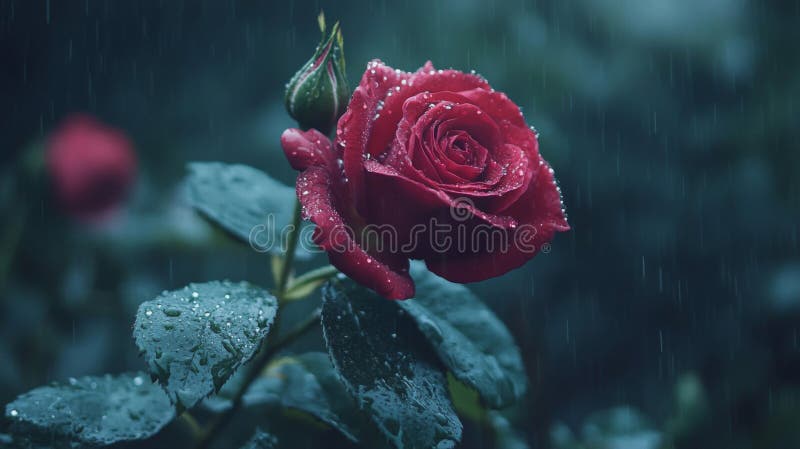 A Single Red Rose Blooms in the Rain Stock Illustration - Illustration ...