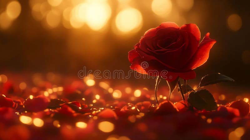 Single Red Rose Blooms among Scattered Petals at Sunset Stock ...