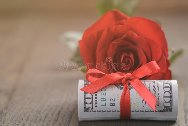 Single Red Rose and Bunch of Dollar Bills Stock Photo - Image of petal ...