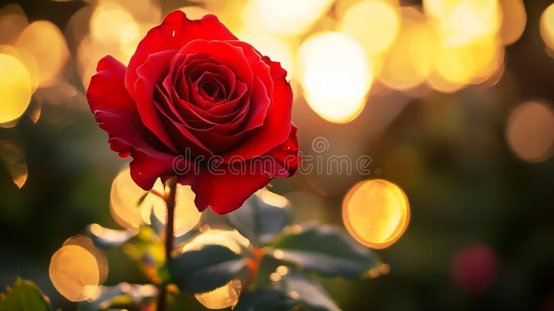 Single Red Rose Closeup with Golden Bokeh Background Stock Illustration ...