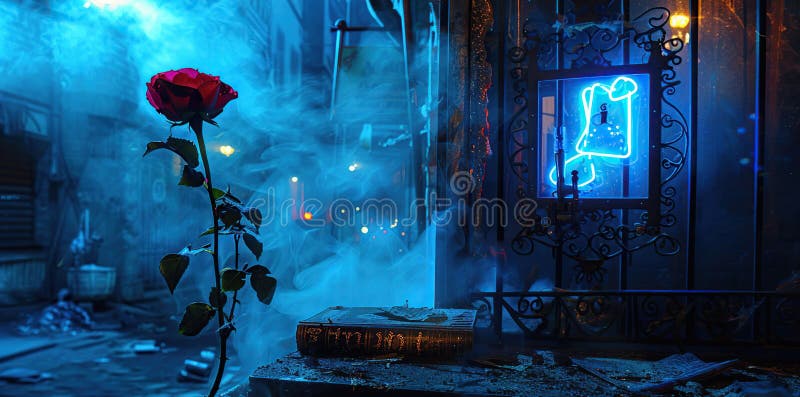 A Single Red Rose in a Dark Alley with a Glowing Neon Sign Stock ...