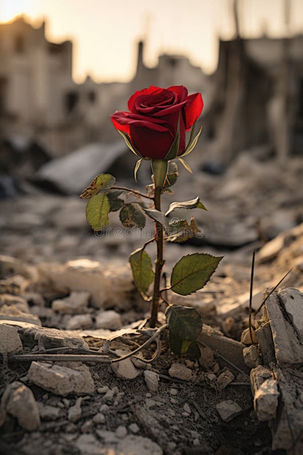 A Single Red Rose Delicately Placed on a Mound of Rubble. this Image ...