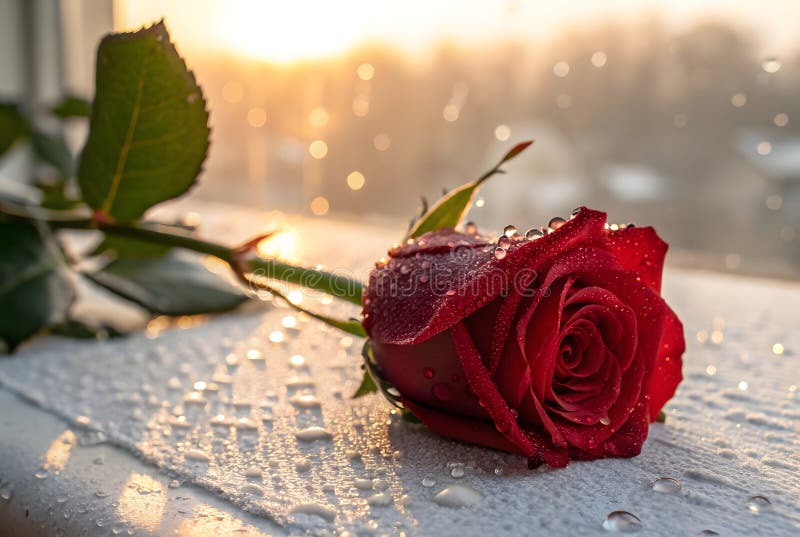 A Single Red Rose with Dew Drops, Lying on a White Textured Background ...