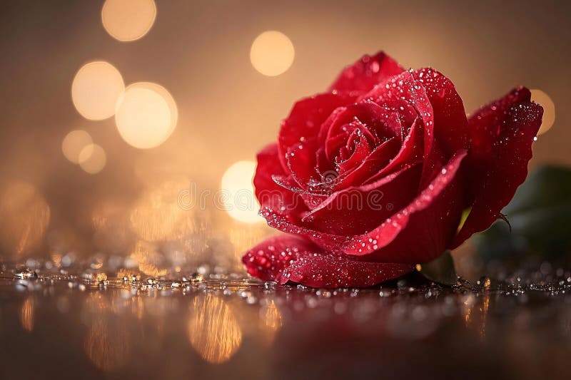 Single Red Rose with Dewdrops on Its Petals, Set Against a Soft ...