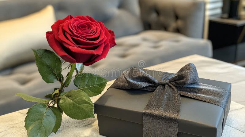 Single Red Rose with Elegant Gift Box Stock Illustration - Illustration ...