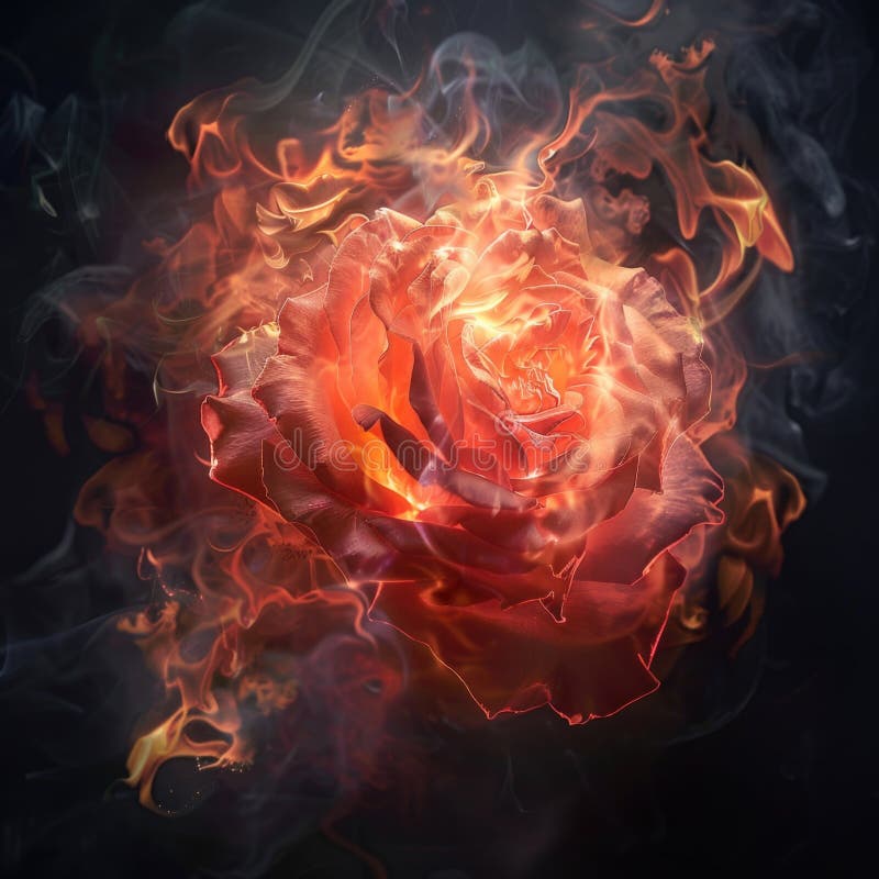 A Single Red Rose with Flames in the Center Stock Image - Image of fire ...