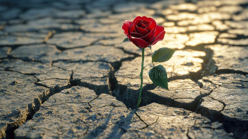 A Single Red Rose Flower Growing in Cracked Land Stock Illustration ...