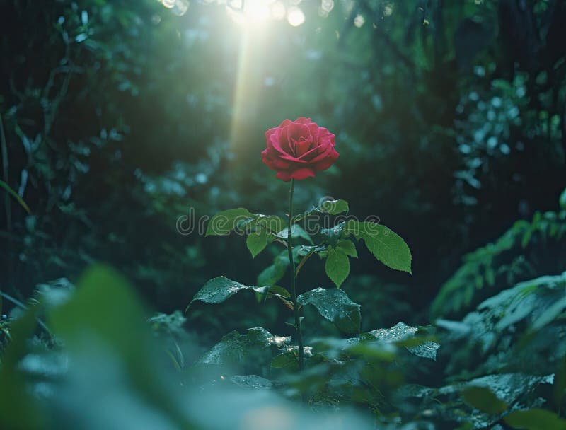 Single Red Rose in Forest stock photo. Image of plant - 351468470