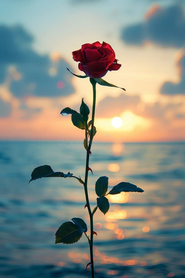 A Single Red Rose in Front of the Ocean at Sunset Stock Image - Image ...