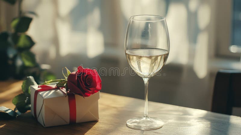 A Single Red Rose Gift and White Wine Glass Stock Illustration ...