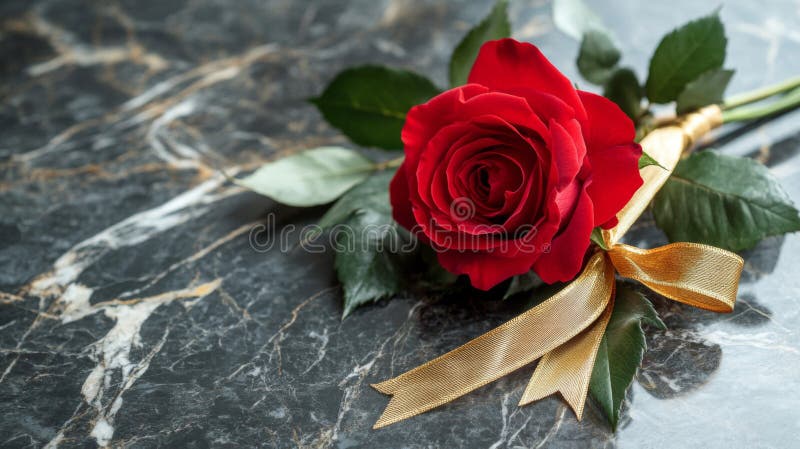 Single Red Rose with Gold Ribbon on Marble Stock Illustration ...