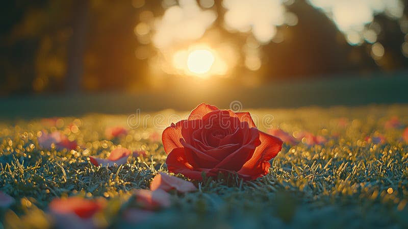 A Single Red Rose in the Grass with Scattered Petals As the Sun Sets in ...