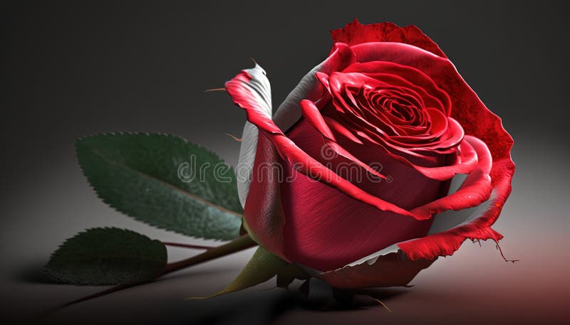 A Single Red Rose with Green Leaves on a Black Background with a Shadow ...