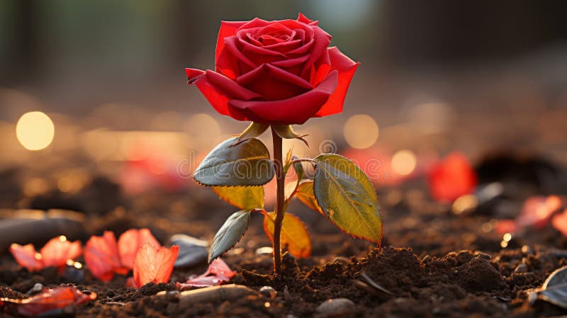 A Single Red Rose Growing Out of the Ground Stock Illustration ...