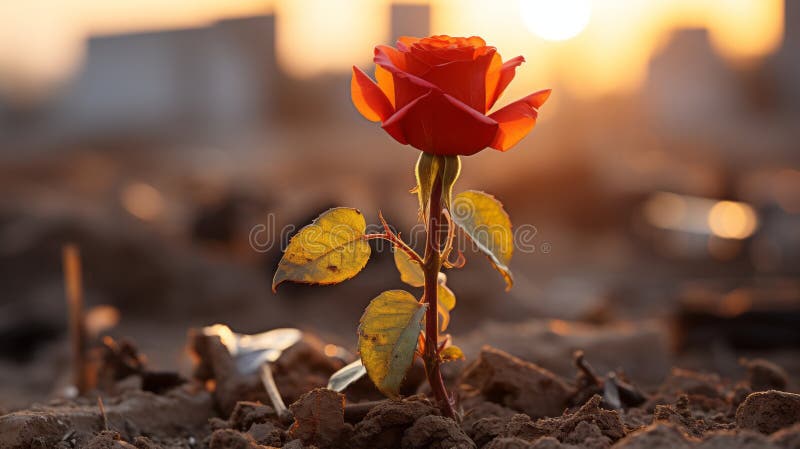 A Single Red Rose is Growing Out of the Ground Stock Illustration ...