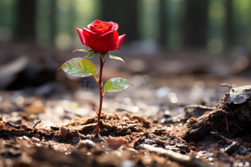 A Single Red Rose is Growing Out of the Ground Stock Illustration ...