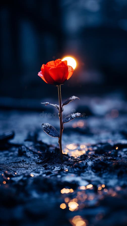 A Single Red Rose Growing Out of the Ground in the Dark Stock ...