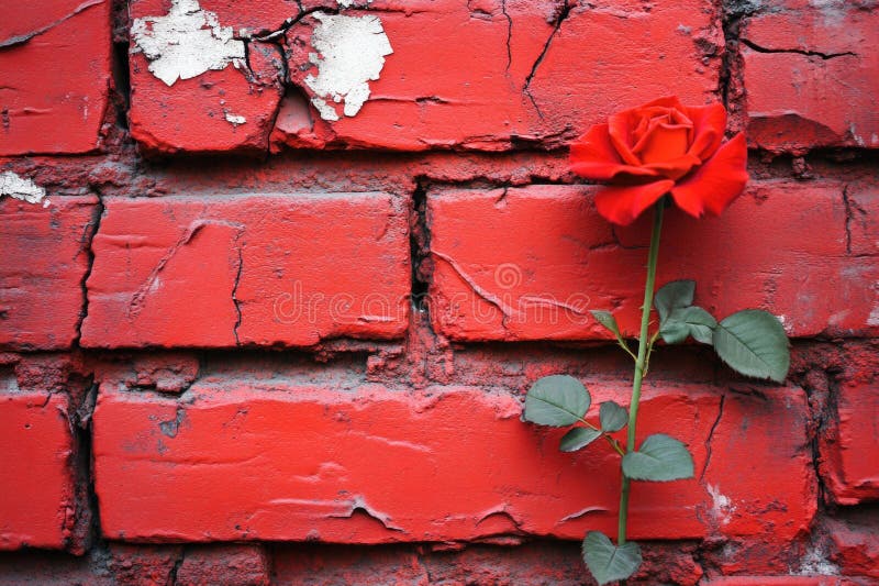 A Single Red Rose Grows Out of a Worn and Cracked Brick Wall ...