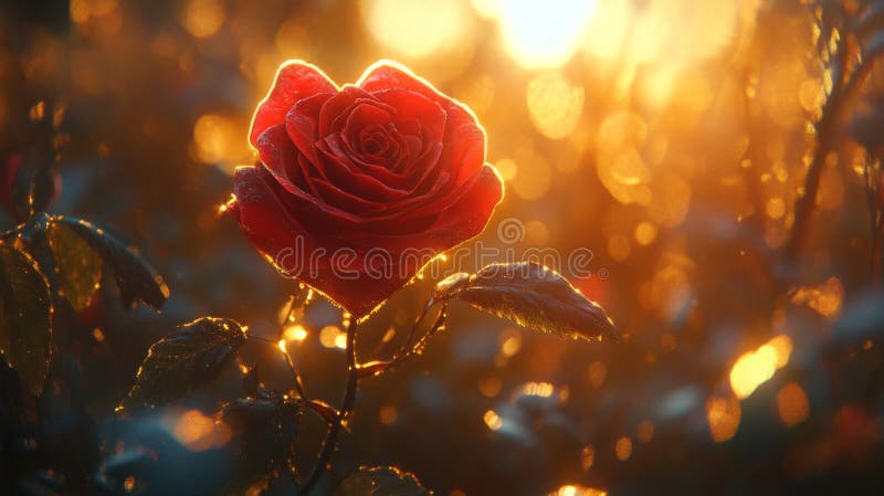 Single Red Rose Illuminated by Golden Sunset Light Stock Illustration ...