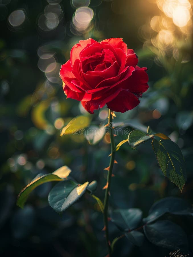 A Single Red Rose Illuminated by Sunlight with a Bokeh Background ...