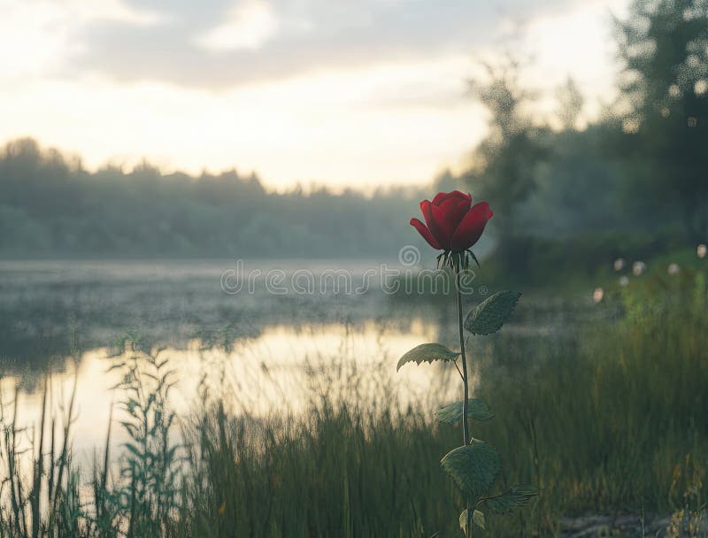 Single Red Rose by Lake at Sunrise Stock Image - Image of lake, beauty ...